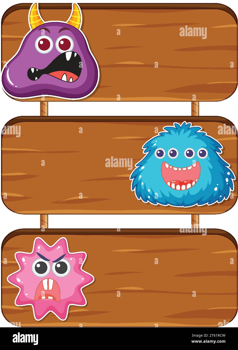 Adorable vector cartoon monsters displayed on a wooden signboard Stock ...
