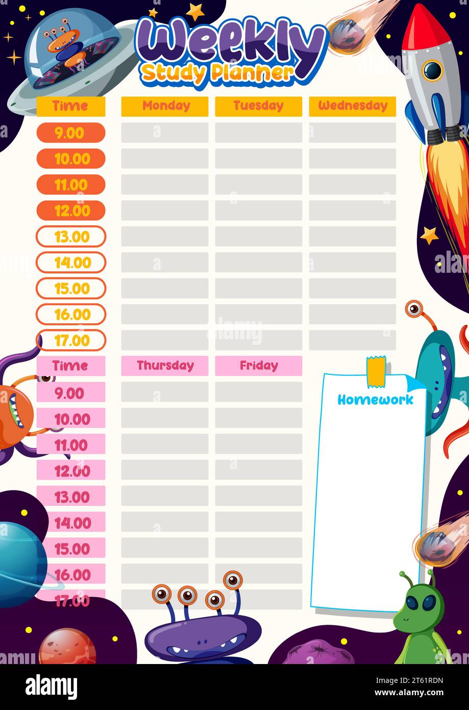 Printable vector cartoon illustration of a weekly lesson plan with ...