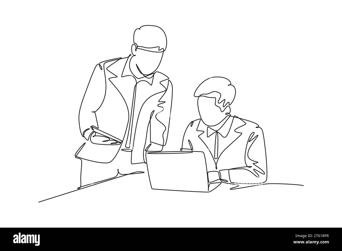 Single one line drawing of young manager discussing work plan with his ...
