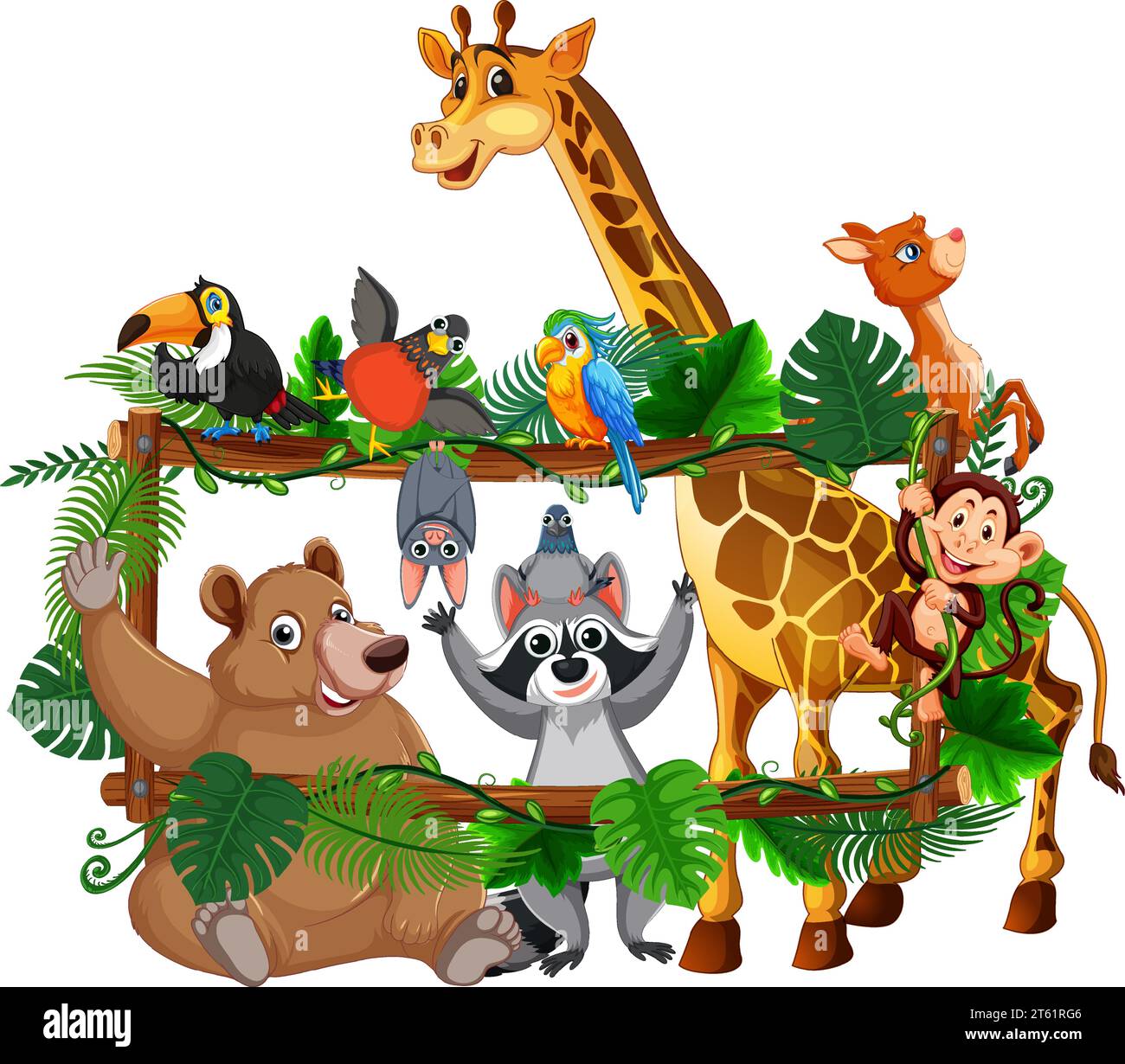 Vector cartoon illustration of zoo animals surrounded by tropical ...