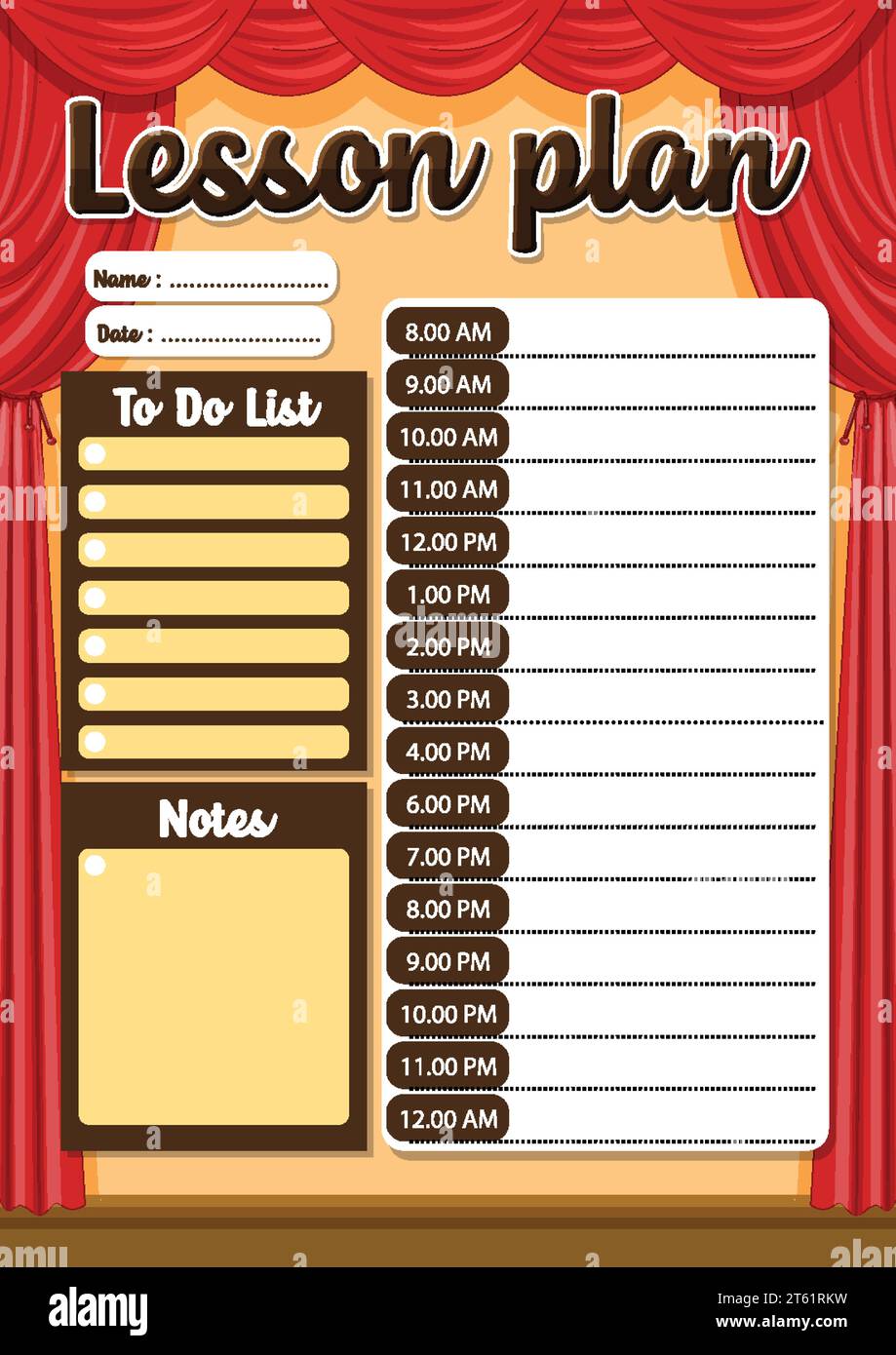 A vector cartoon illustration of a lesson plan schedule divided by hour ...