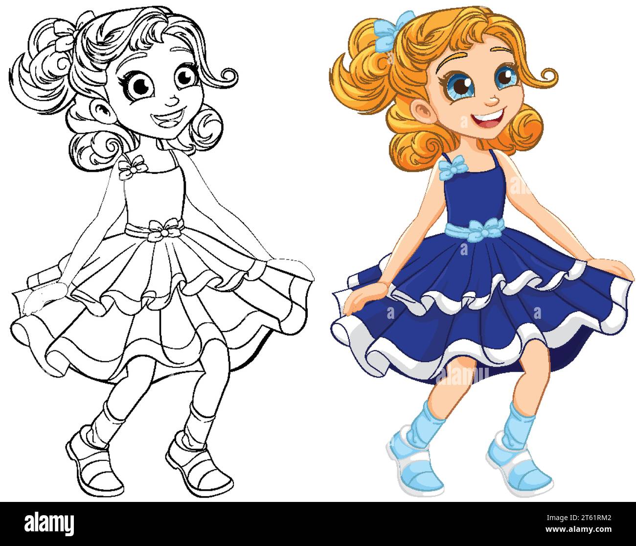 A joyful cartoon girl dancing with an outline for coloring Stock Vector ...