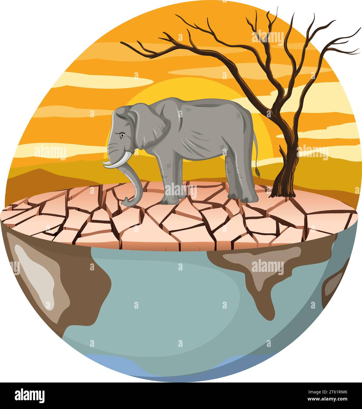 A cartoon illustration of a sorrowful elephant on a dry landscape ...
