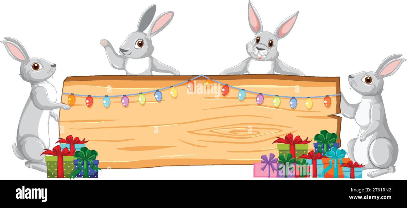 Vector cartoon illustration of rabbits celebrating with gift boxes and ...