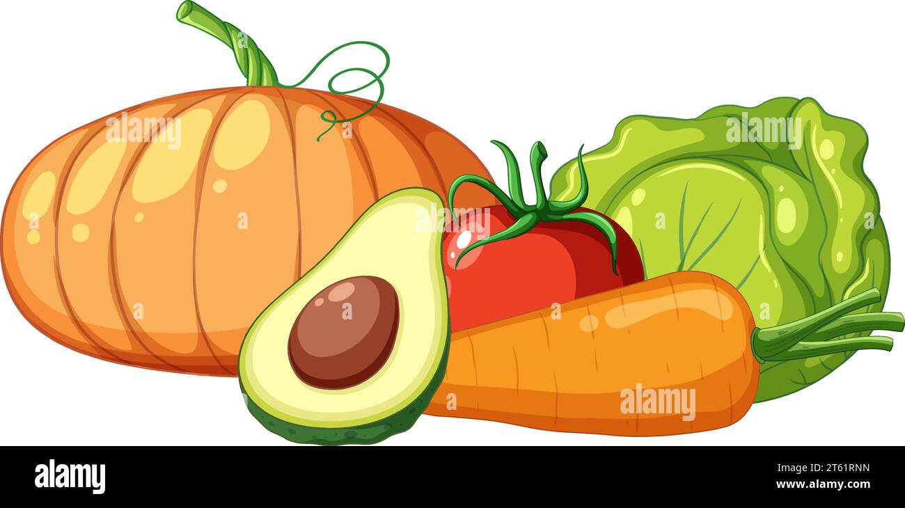 Colorful cartoon-style vector illustration of a healthy vegetable group ...