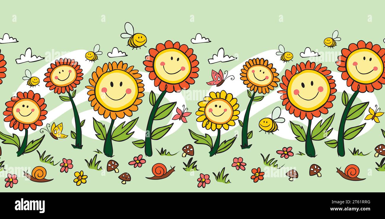 Vector colorful happy cheeky flowers horizontal border. Suitable for ...