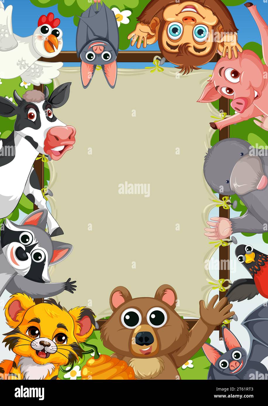Colorful cartoon animals surrounding a decorative frame Stock Vector ...