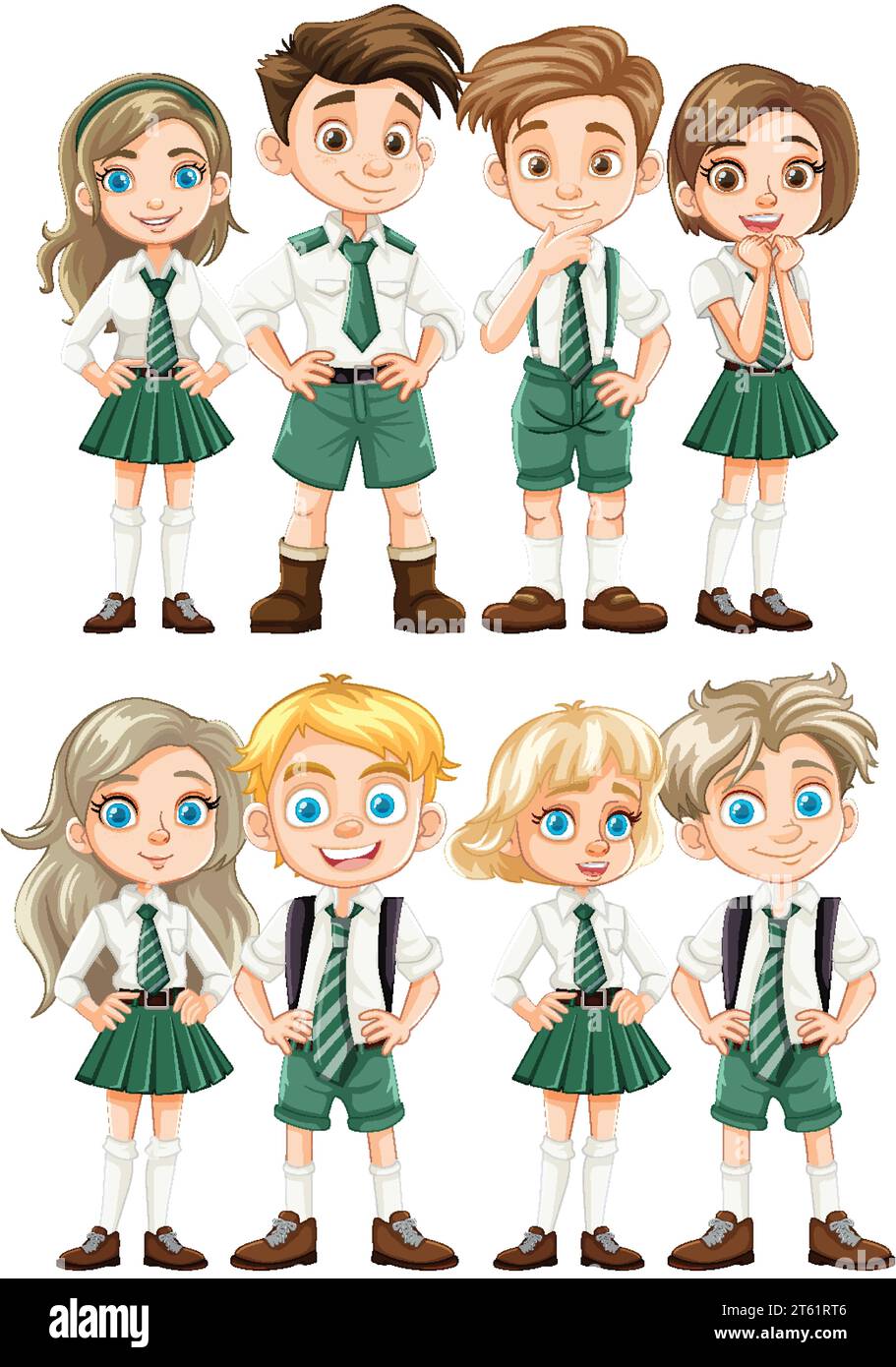 Vibrant cartoon characters of students in uniform having fun together ...