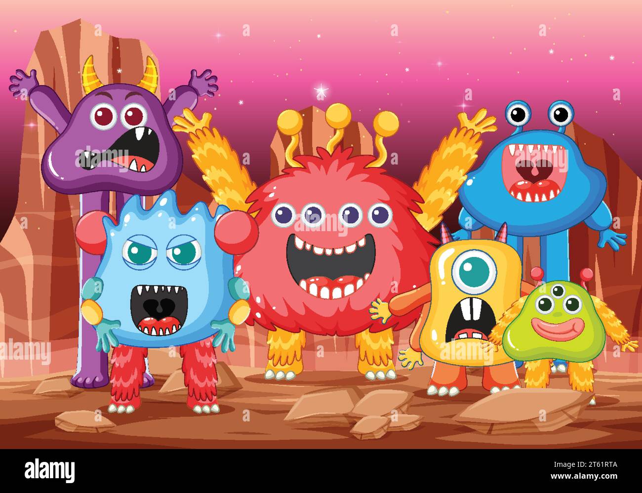 A group of cute alien monster friends in various colors against a space ...