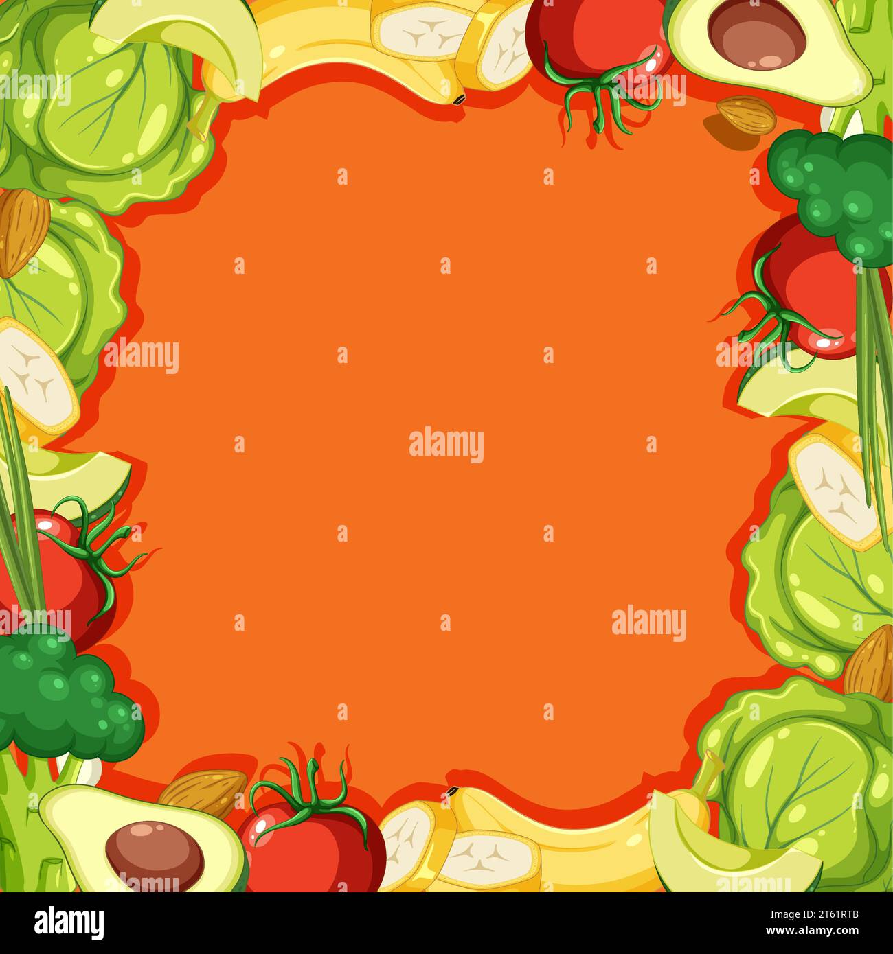 Colorful vector illustration of fruits and vegetables on an orange ...