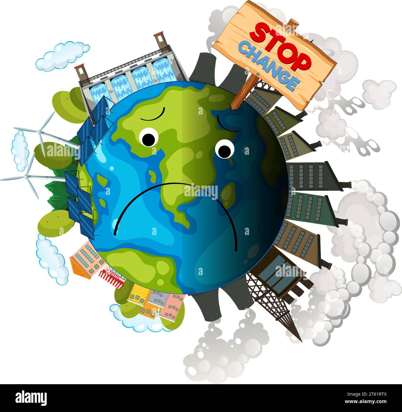 A vector cartoon illustration depicting the contrast between beautiful weather and harmful ...