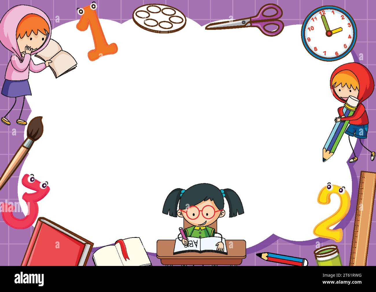 Vector cartoon illustration of children learning within a purple doodle ...
