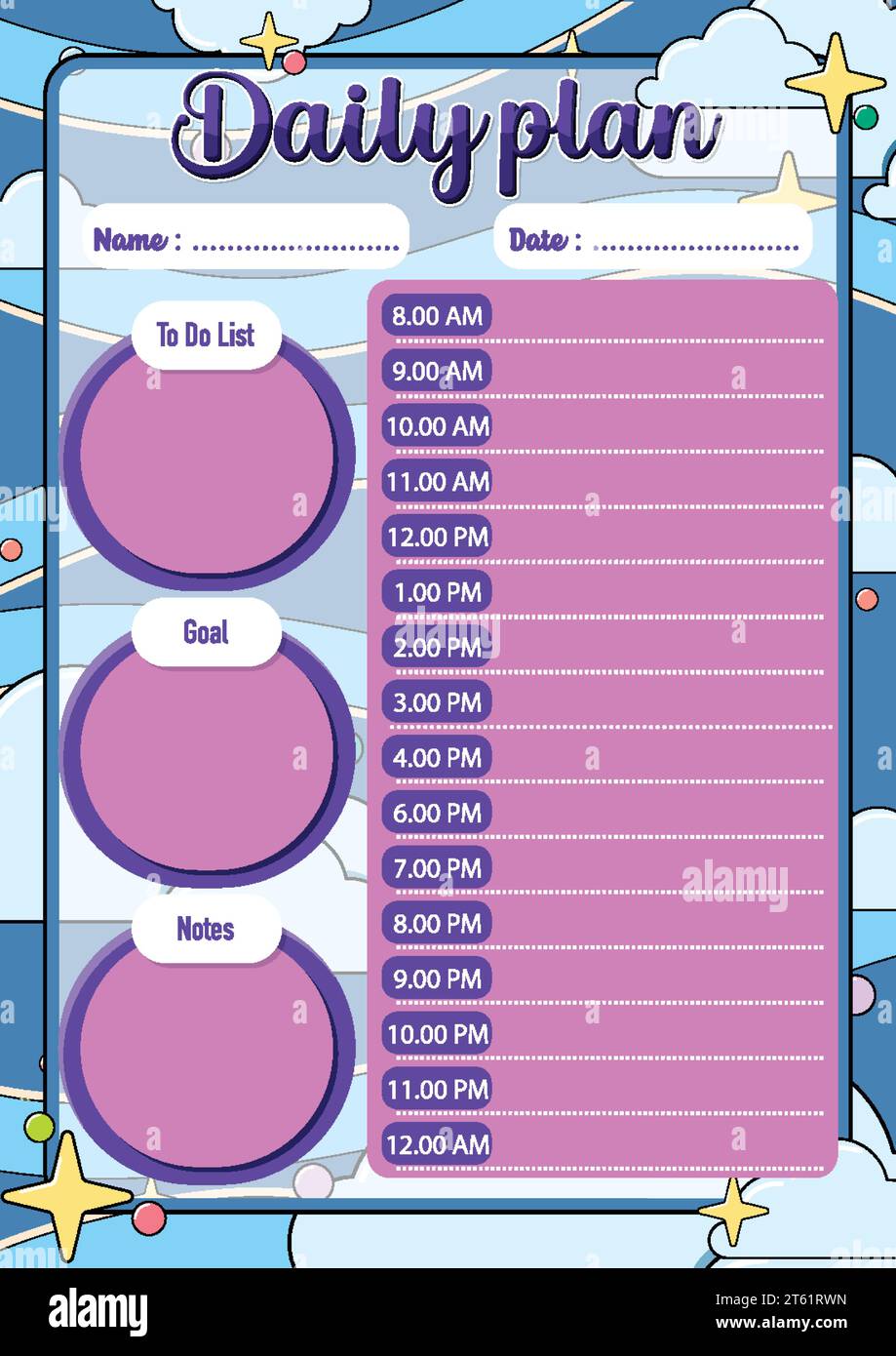 A vector cartoon illustration of a daily plan divided by hour ...
