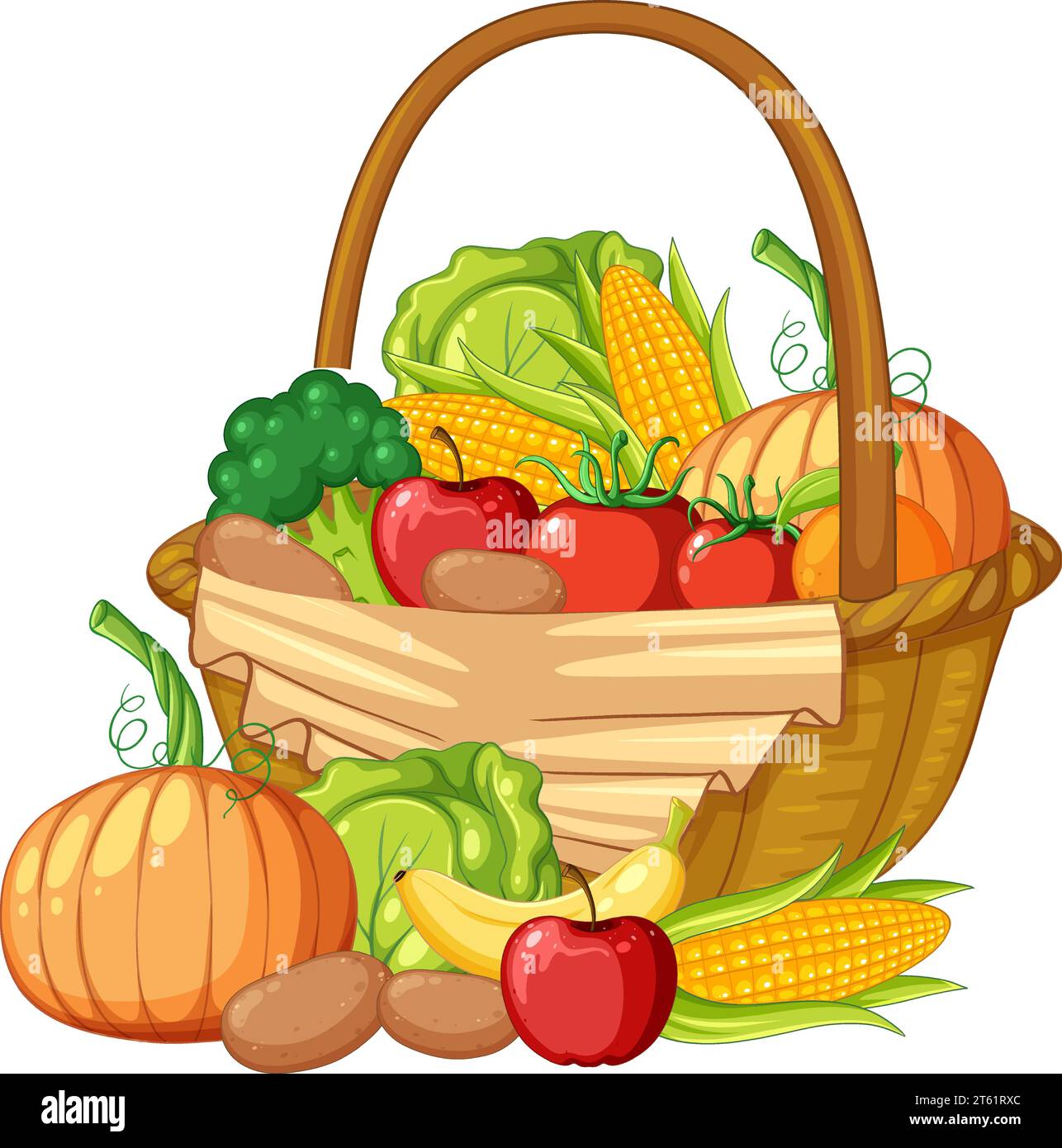 Colorful cartoon illustration of fresh organic produce in a basket ...