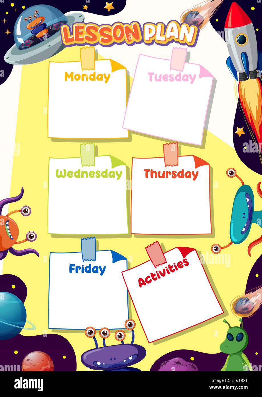 Printable vector cartoon illustration of a weekly lesson plan with ...