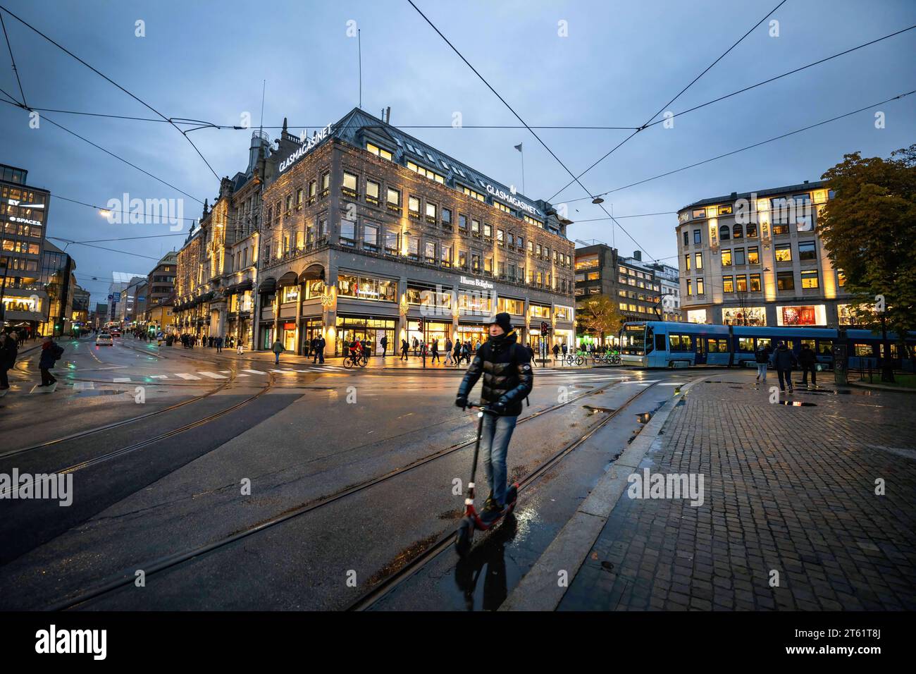 Oslo, Norway. 3rd Nov, 2023. A person rides a scooter across Kirkegata ...