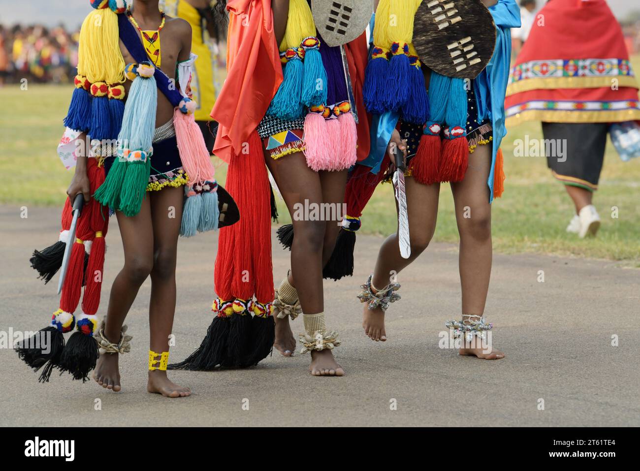 Three young women in traditional Swazi dress at Umhlanga reed dance ...