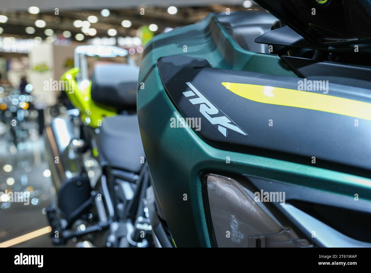 Milan, Italy. 07th Nov, 2023. Details of logo of Benelli TRK 702 ...