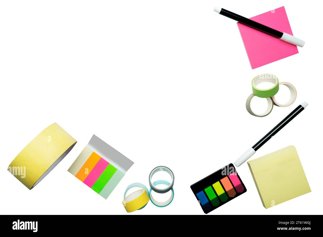 A colorful sticky note and notepaper with marker on a white background ...