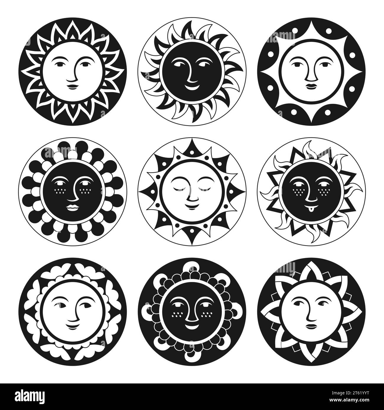 Sun with face abstract ornamental cartoon set. Ethnic boho style sunny ...