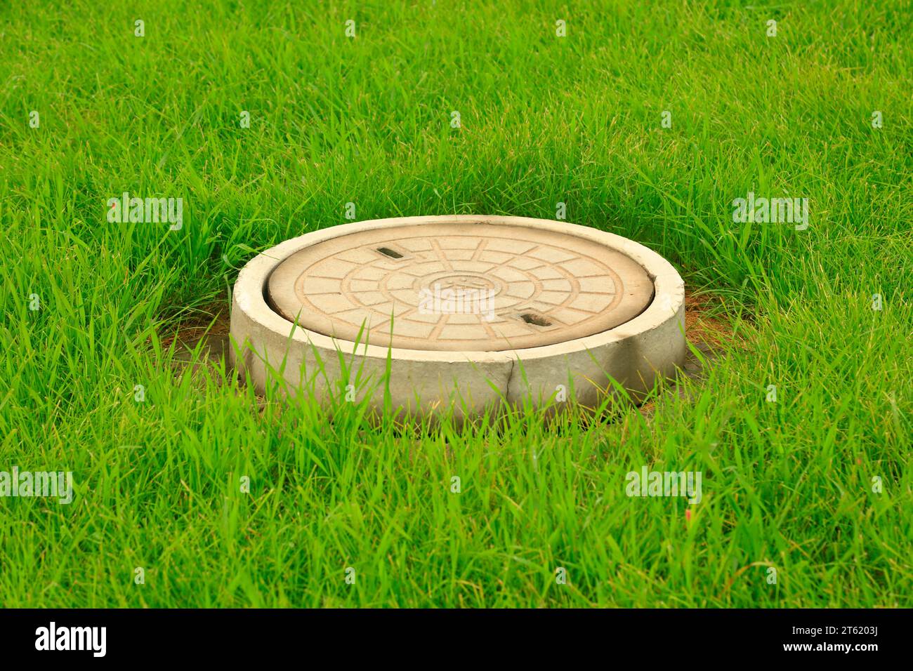 Sewage manhole cover in the lawn Stock Photo - Alamy