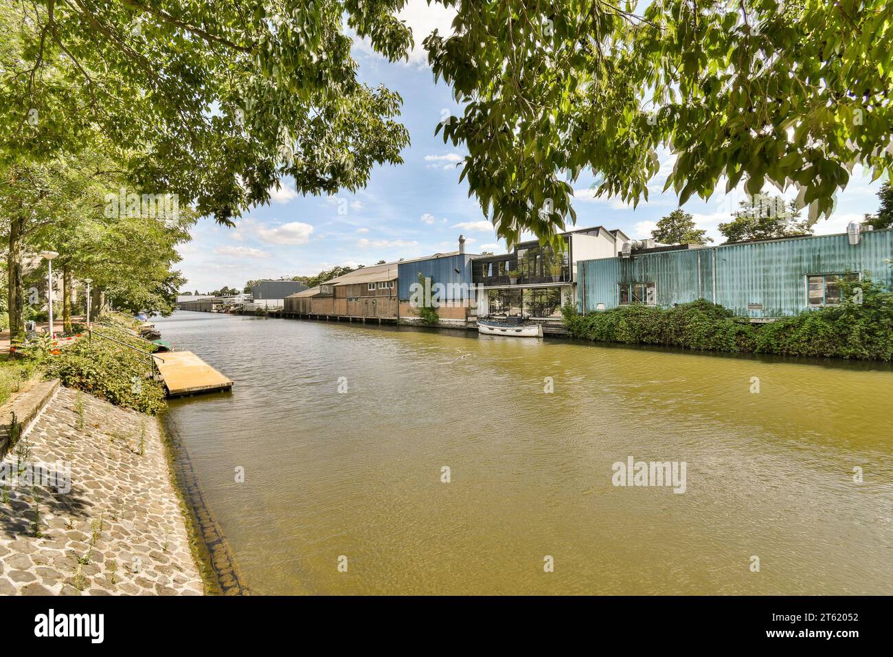 a river with buildings and trees in the fore, taken from a boat on the ...