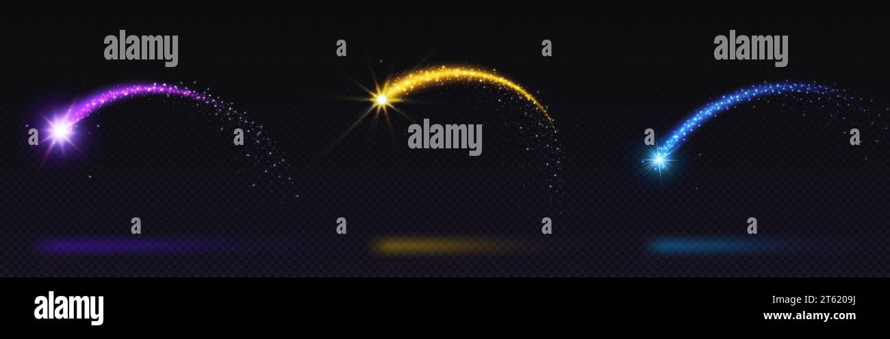 Shooting star neon light arc with gold glitter sparkle. Purple and blue curve arch speed trail ...