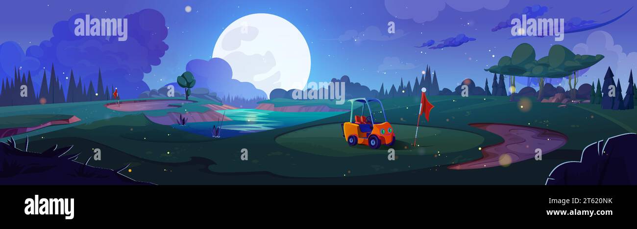 Night golf course field landscape cartoon vector illustration. Flag ...