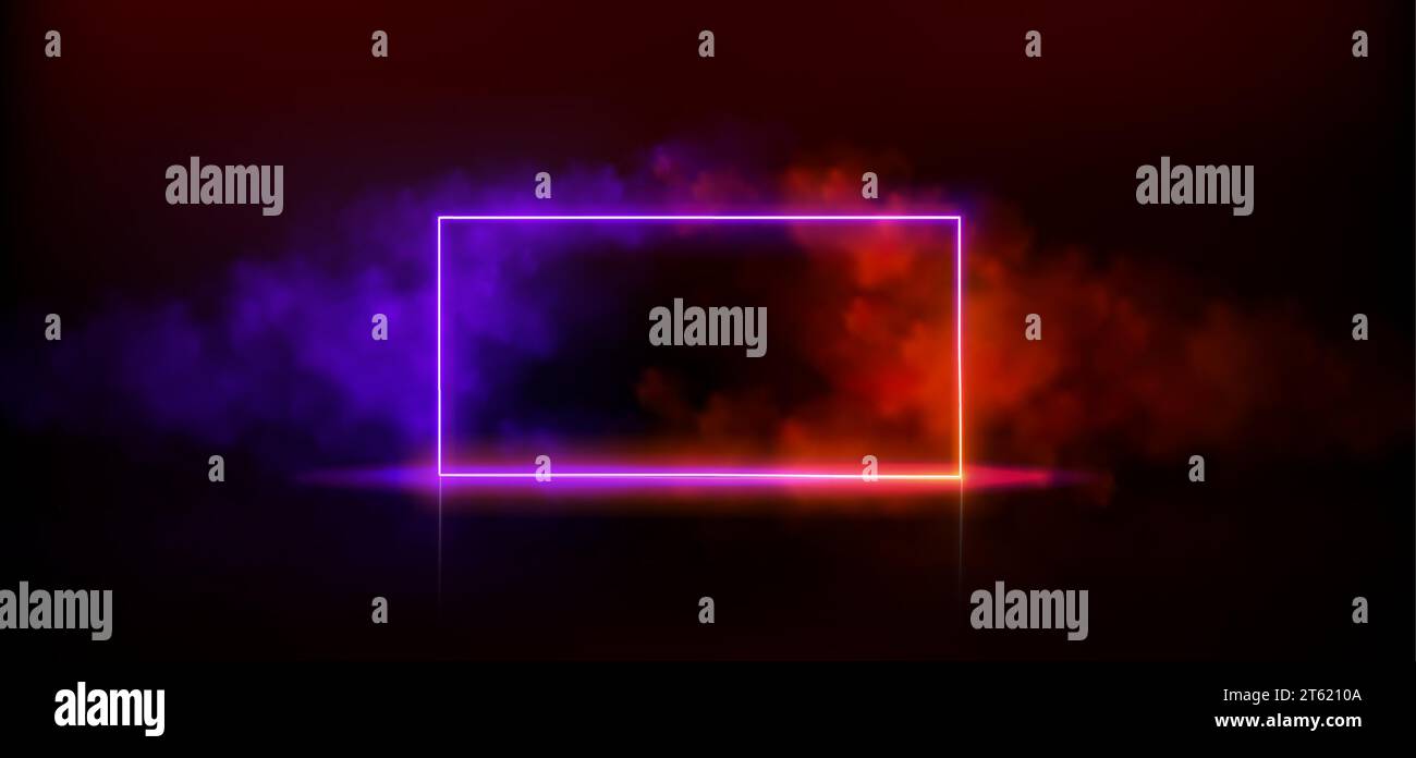 Neon futuristic door frame with luminous and fog. Realistic vector ...