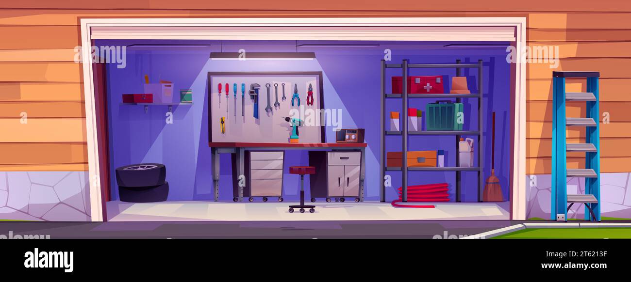 Garage interior with mechanic tools. Vector cartoon illustration of ...