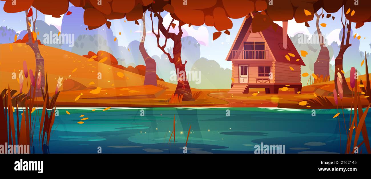 Log house near autumn forest lake. Vector cartoon illustration of ...