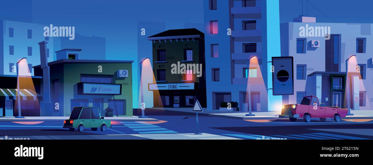 City street intersection at night - cartoon town landscape with ...
