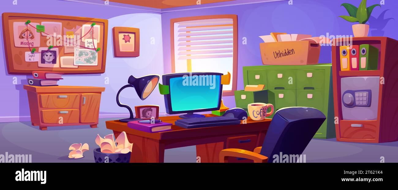 Detective room interior with furniture and equipment - desk with pc and ...