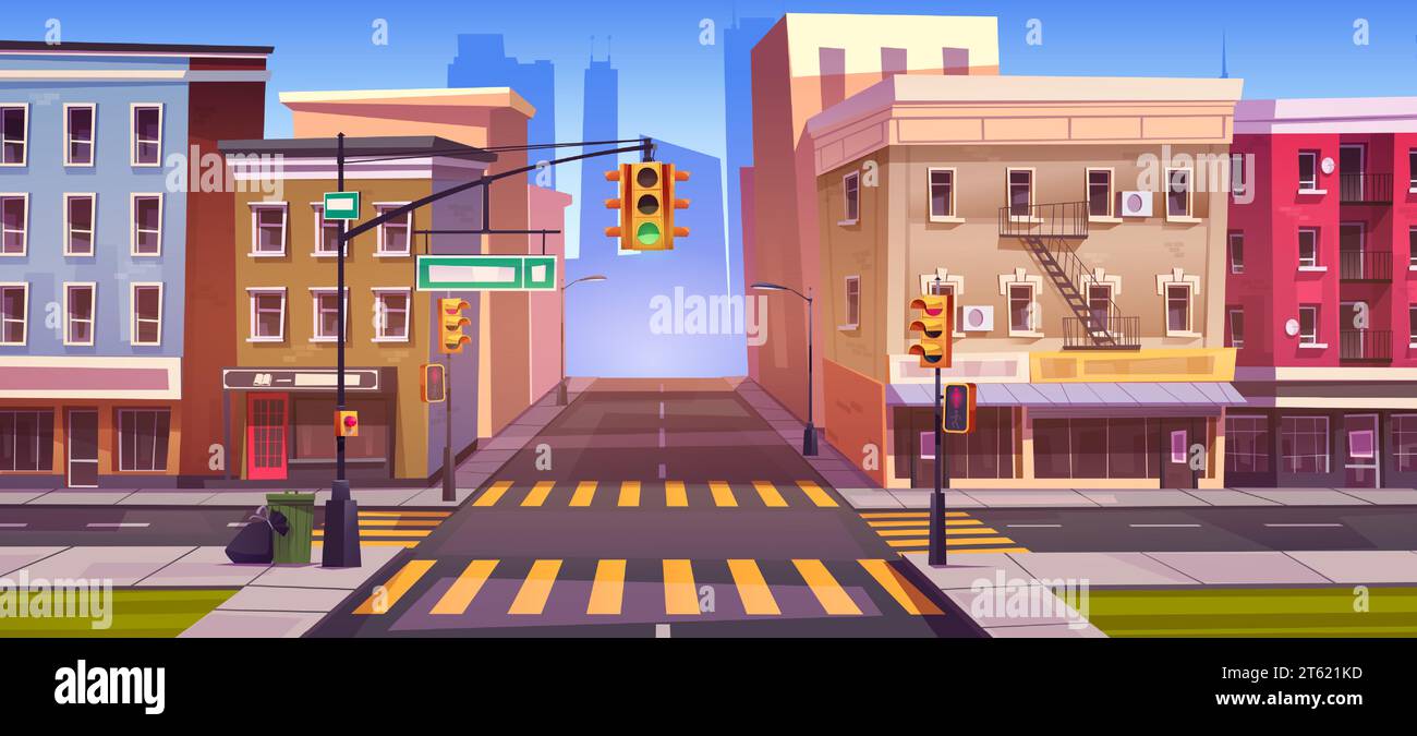Cartoon city street intersection with traffic lights and road signs ...