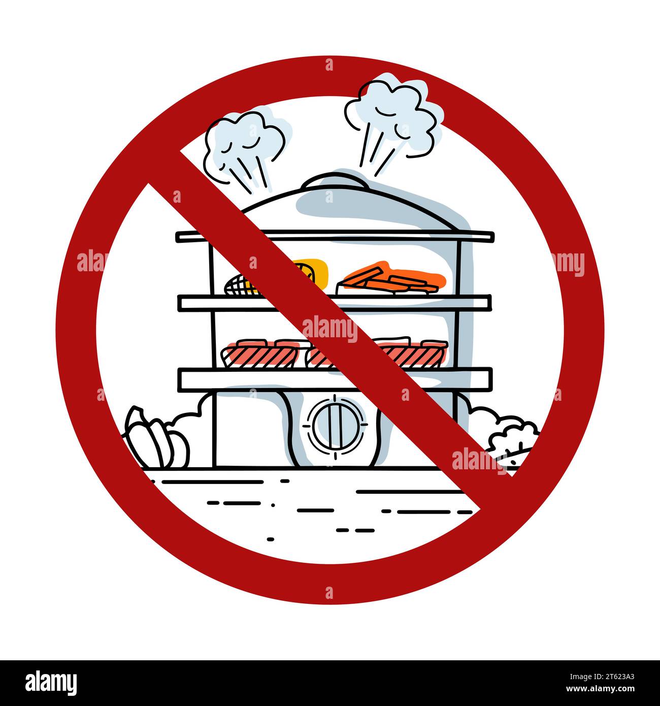 Vector prohibition sign with steamer and food. Cooking in ban ...