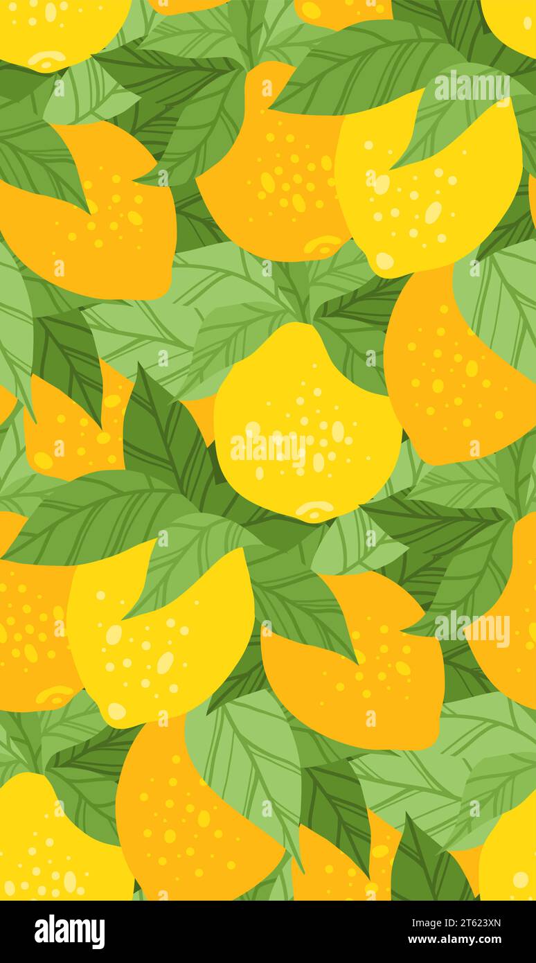 Vector seamless dense texture with yellow lemons and foliages. Flat ...