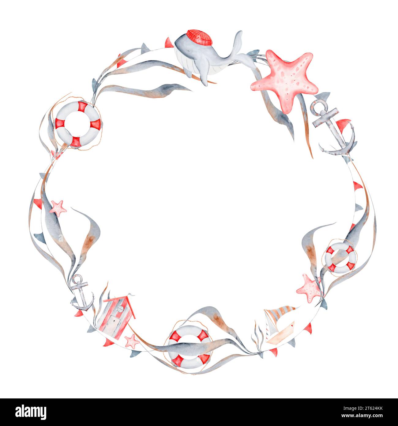 Round frame watercolor sea theme. Marine inhabitants in a circle - a ...