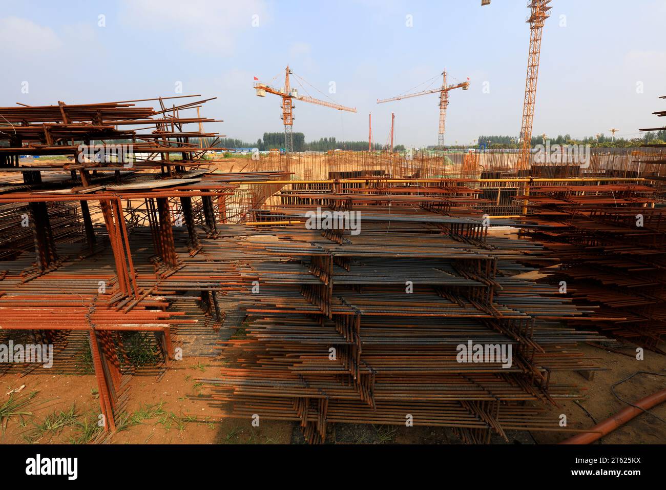 Steel components are stacked together in the construction site Stock ...