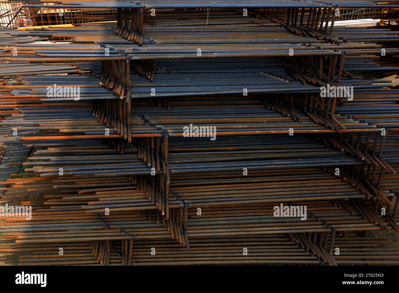Steel components are stacked together in the construction site Stock ...