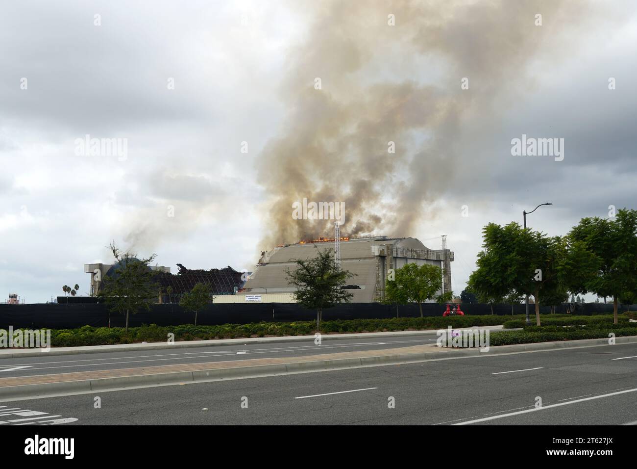 Navy blimp hanger on fire Stock Photo - Alamy