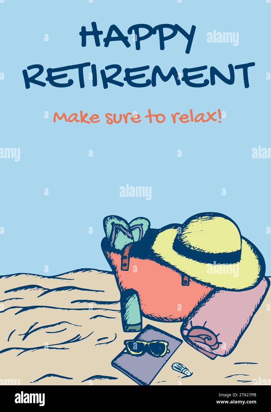 Happy retirement, make sure to relax text, with basket, sunhat and ...