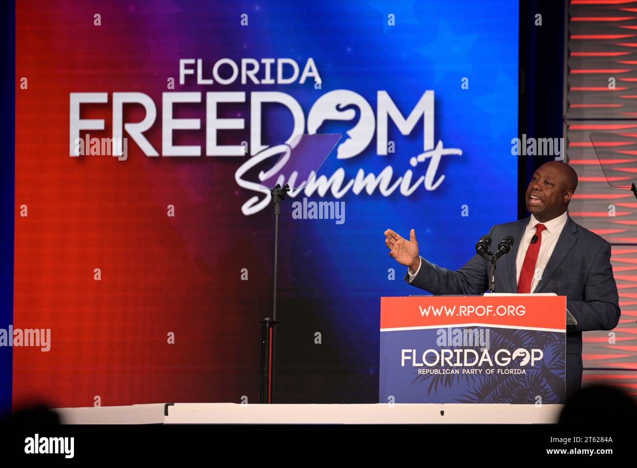 Republican presidential candidate Sen. Tim Scott, R-S.C., speaks to ...