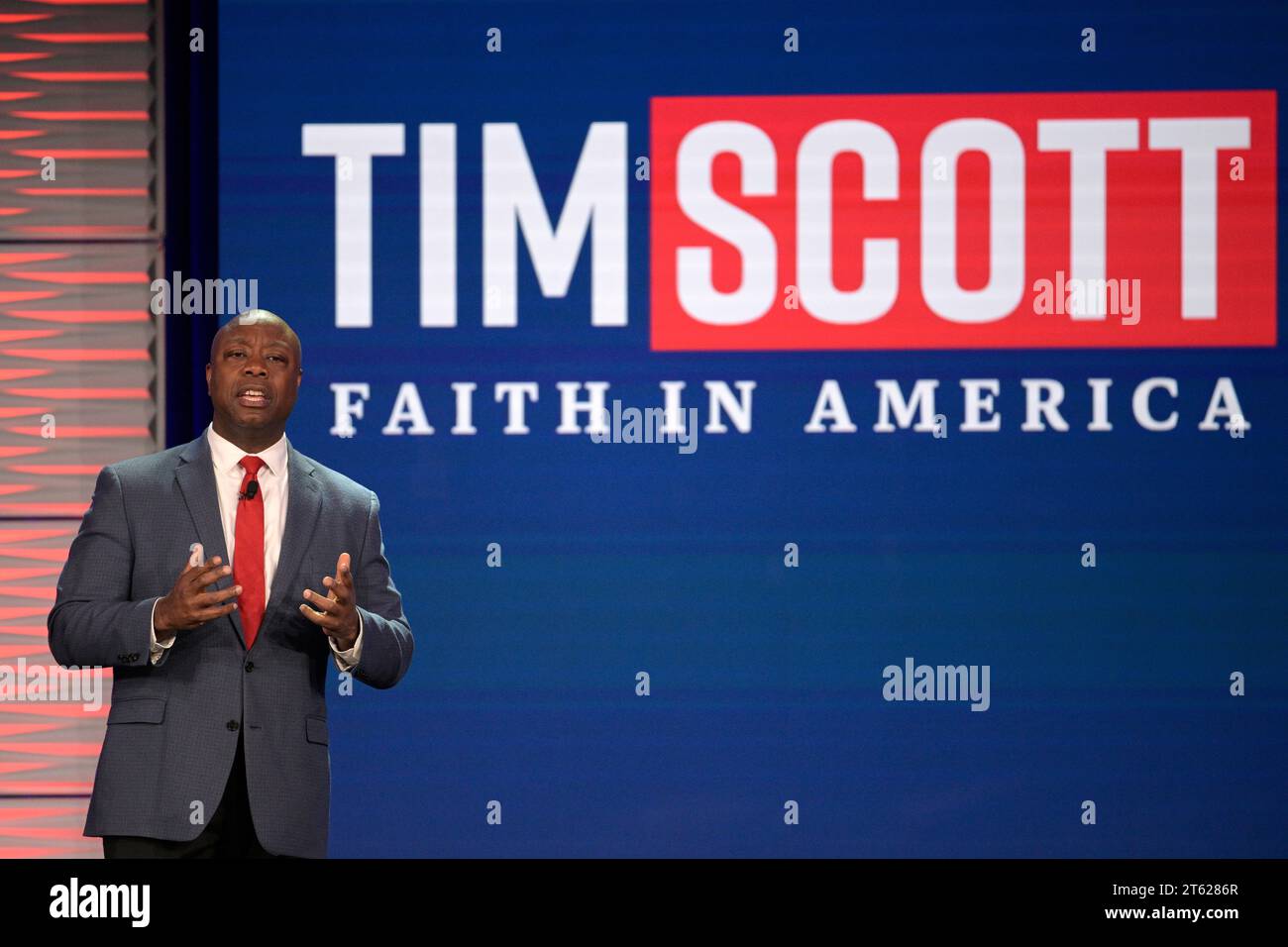 Republican presidential candidate Sen. Tim Scott, R-S.C., speaks to ...