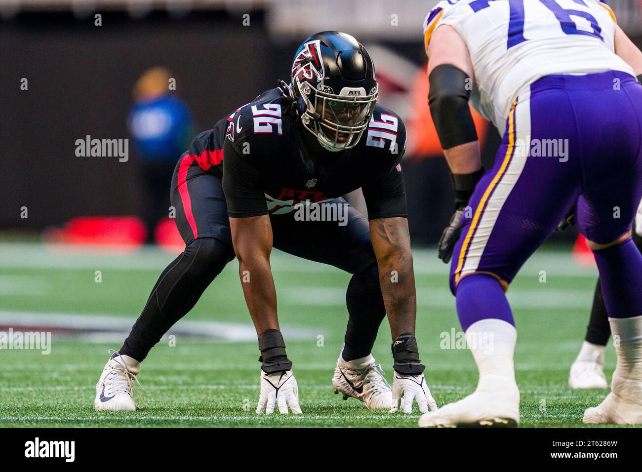 Atlanta Falcons defensive end Zach Harrison (96) lines up during the ...