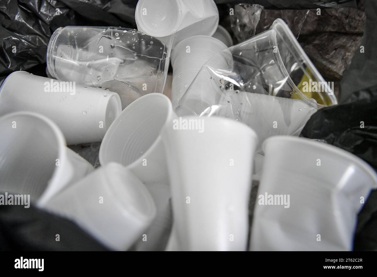 File photo dated 09/04/18 of disposable plastic drinking cups in a bin ...