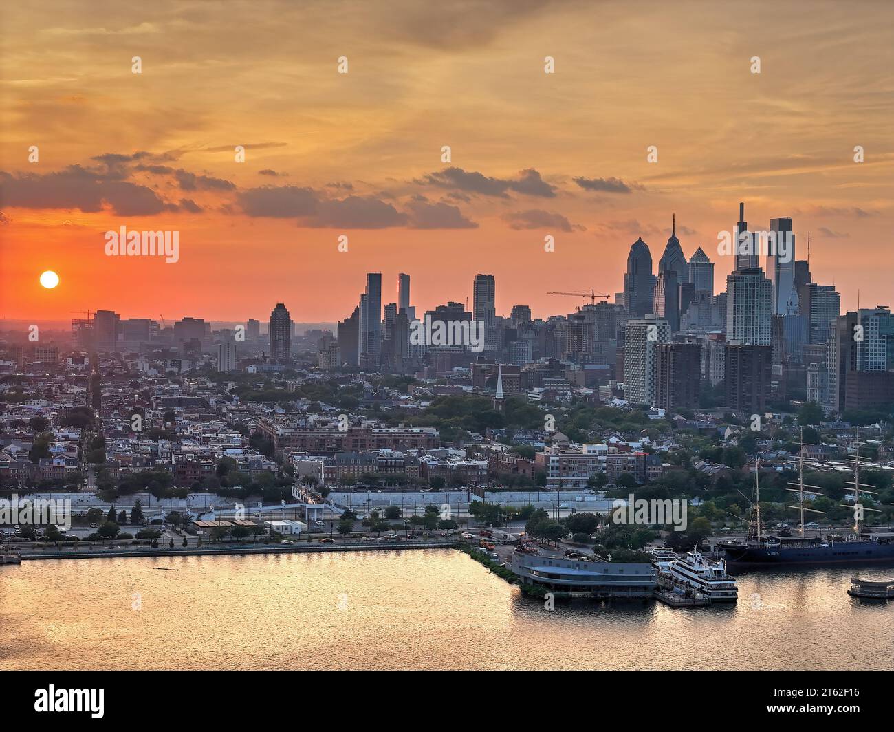 Aerial View of Sun Setting Behind Center City Philadelphia Stock Photo ...