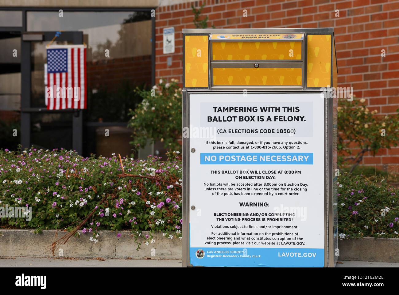 Pasadena, California, USA. 7th Nov, 2023. American flag and "Tampering ...