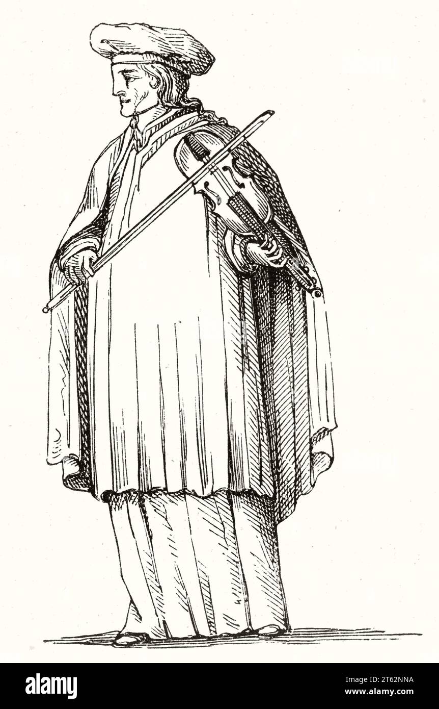Old illustration of musician playing rebec. After figure on Saint ...