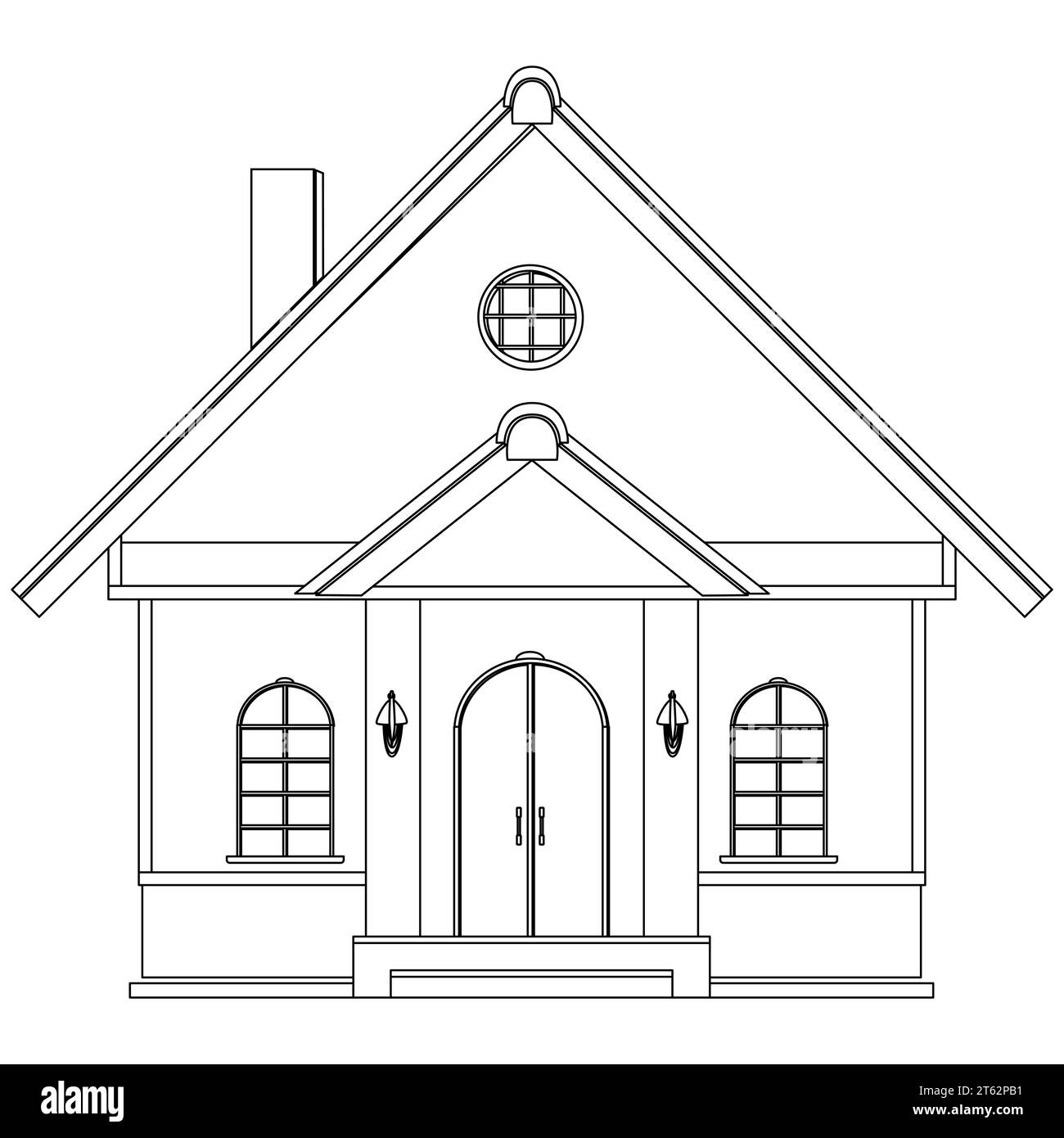 Outline one-story house with porch and canopy isolated on white ...