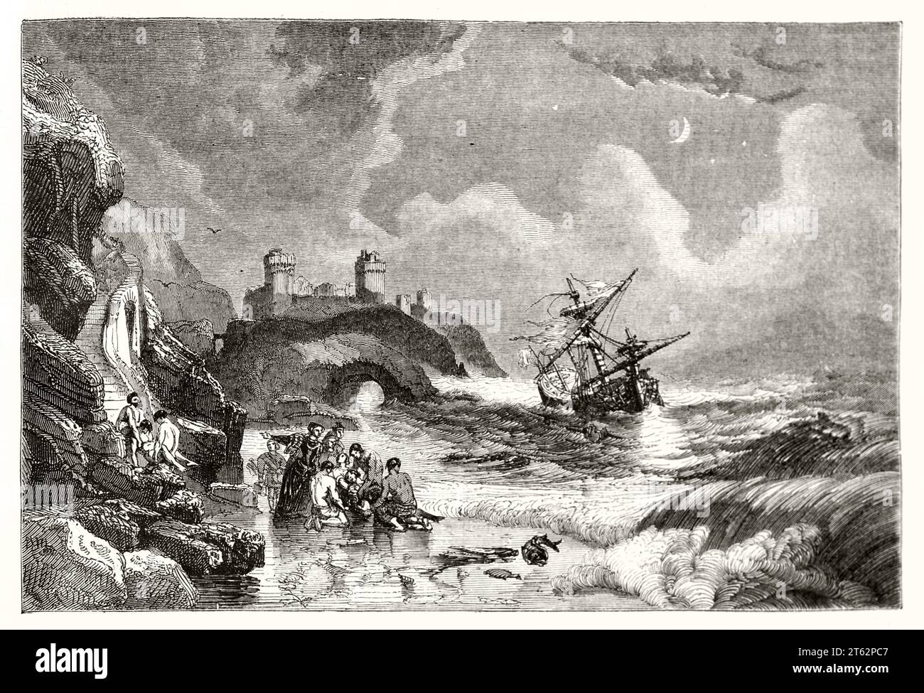 Old illustration depicting Spanish Armada vessel shipwreck on Scottish ...